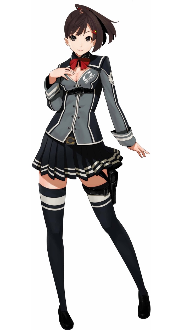 Safebooru - 1girl black legwear black skirt bowtie breasts brown eyes brown hair cleavage hair ...