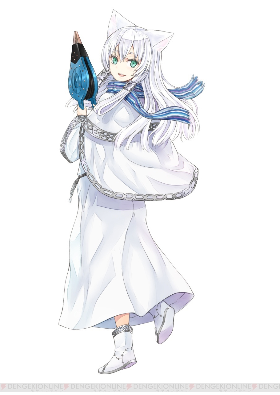 Safebooru - 1girl animal ears blue scarf cat ears dress full body green eyes highres holding ...